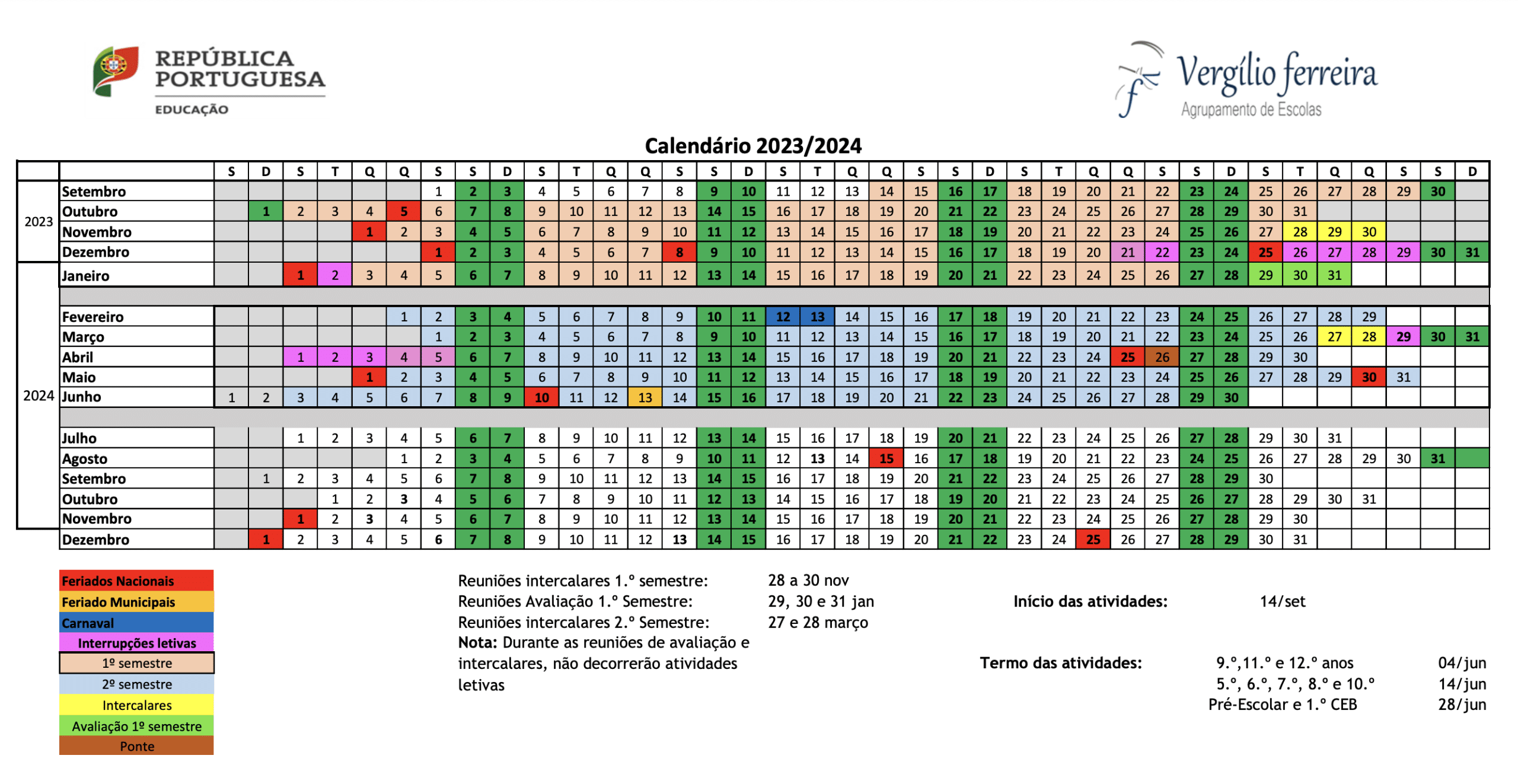 Horários / Calendário – Associação de Pais do Alto da Faia
